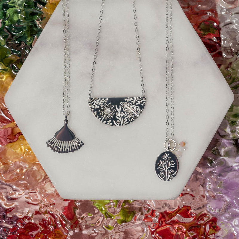 Australian Flora Pattern Silver Necklace with Flannel Flower