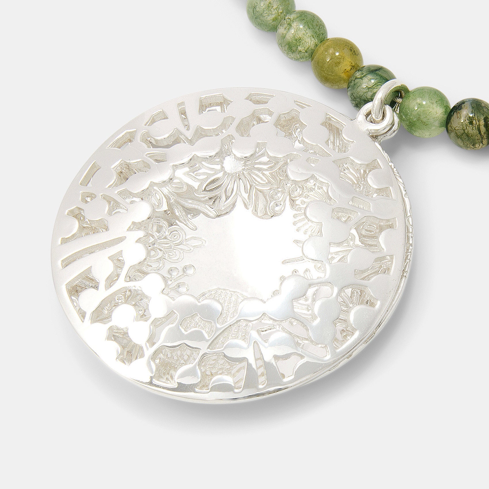Australian Flora Silver Locket Necklace with Moss Agate Beads